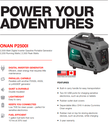 Cummins Onan P2500I Inverter Portable Generator – ArrKann Trailer
